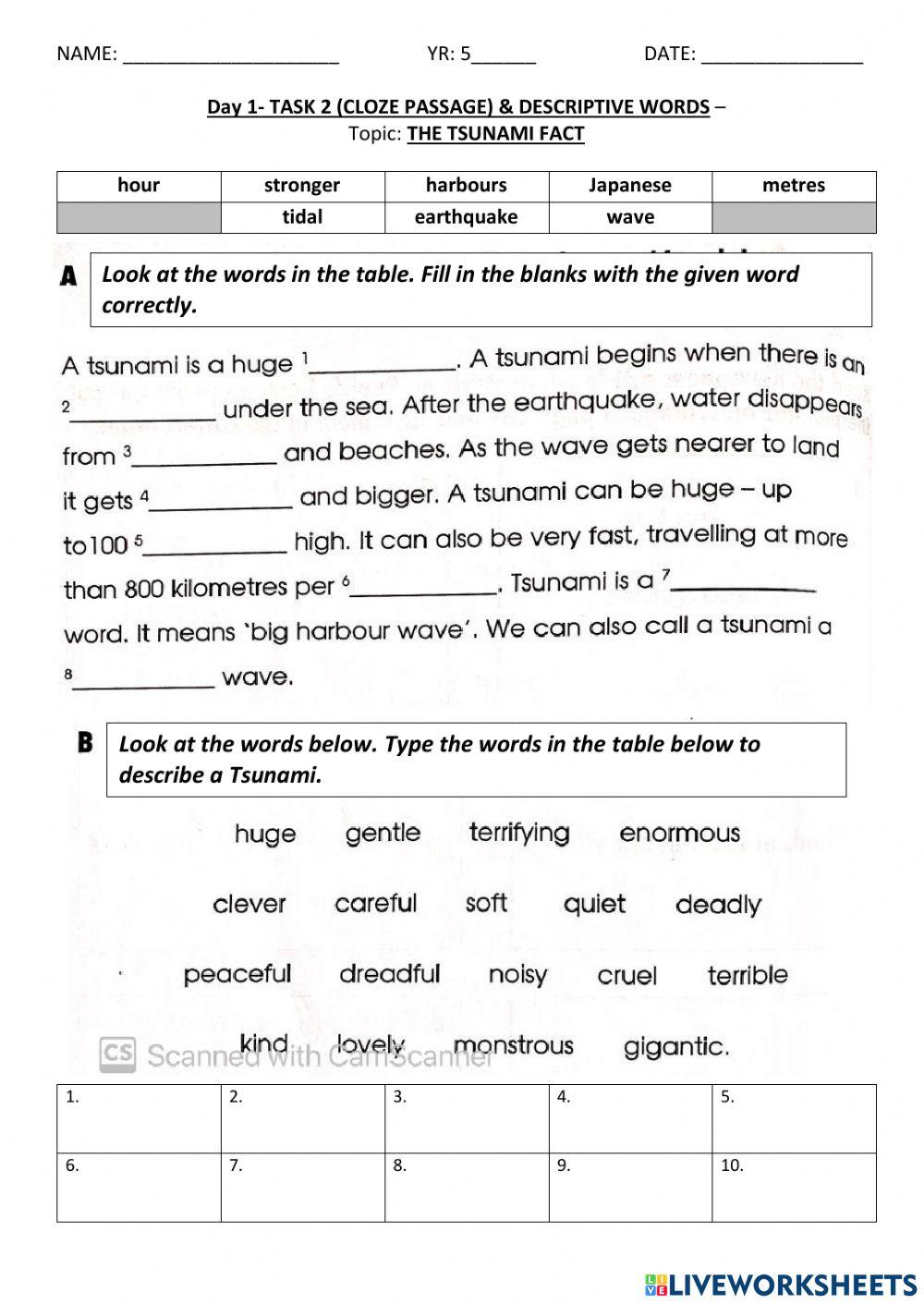 YR 5: Tsunami C… | Free Interactive Worksheets | 4068774