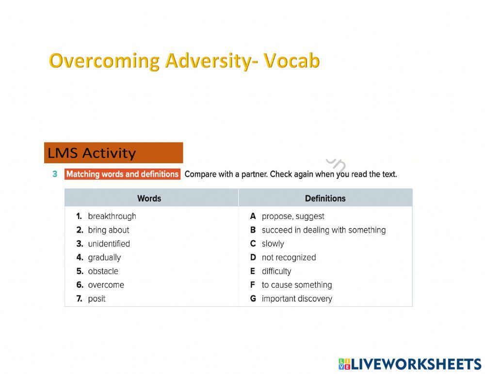 Overcoming Adversity interactive worksheet | Live Worksheets