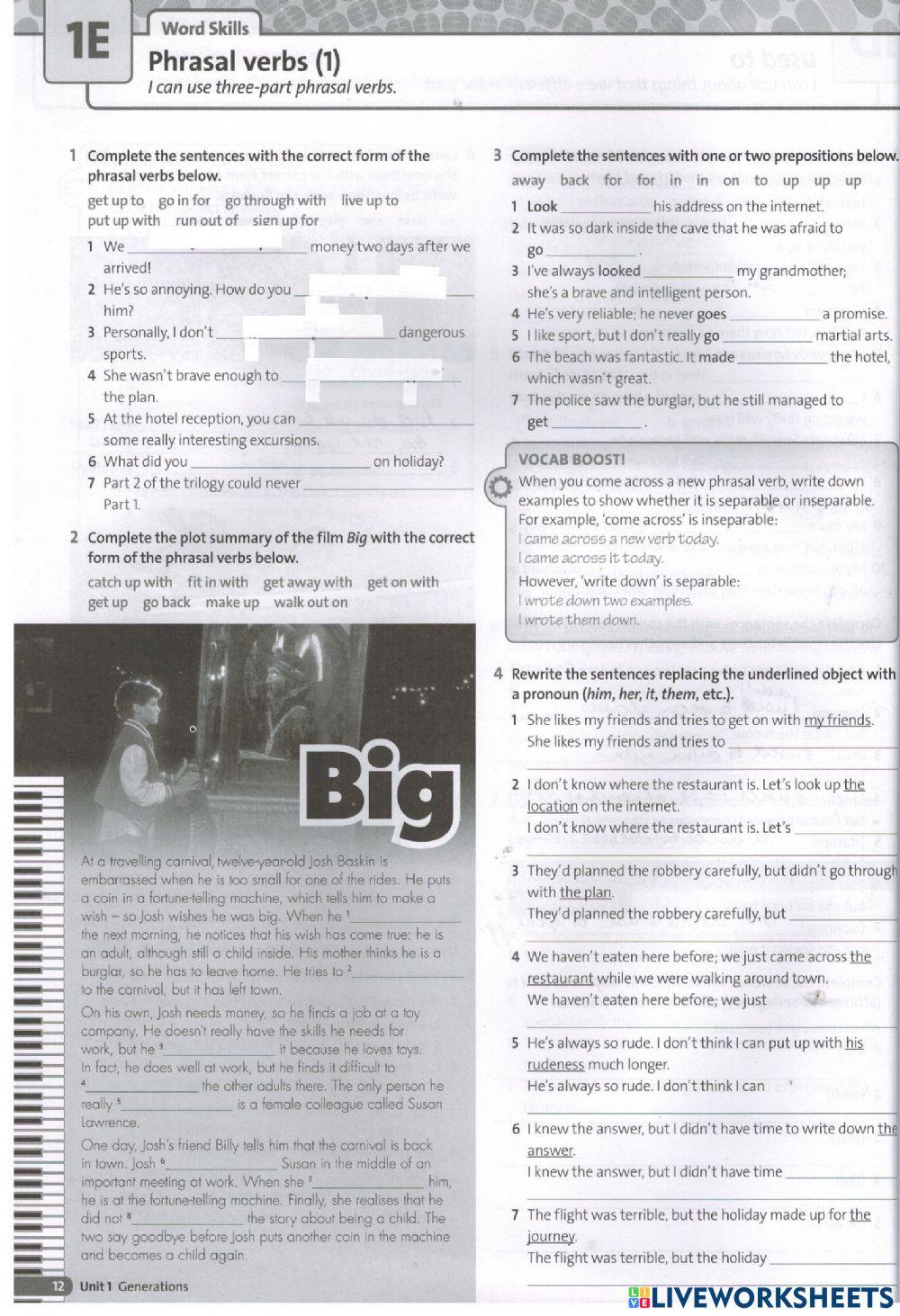 Solutions Intermediate 3rd Unit 1E Phrasal Verbs 1 online exercise for | Live Worksheets