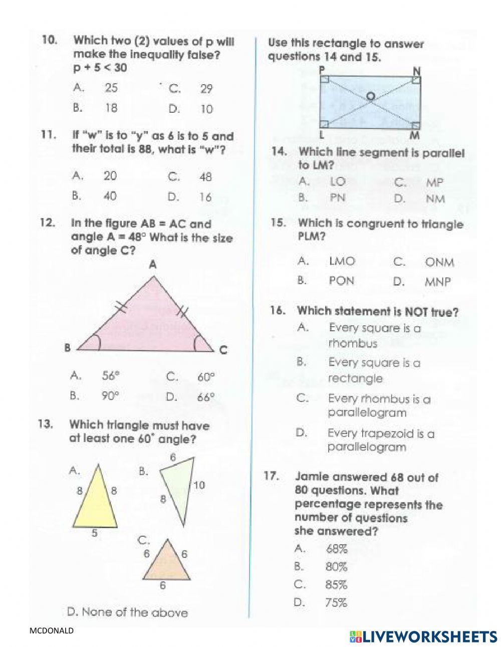 MATHEMATICS TEST 2 PEP WORKBOOK online exercise for | Live Worksheets