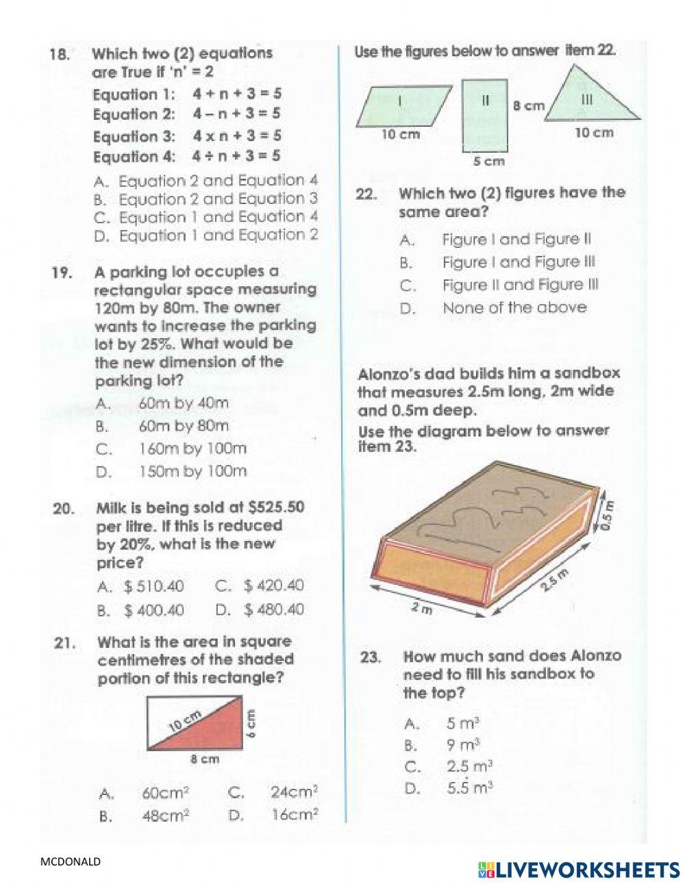 MATHEMATICS TEST 2 PEP WORKBOOK online exercise for | Live Worksheets
