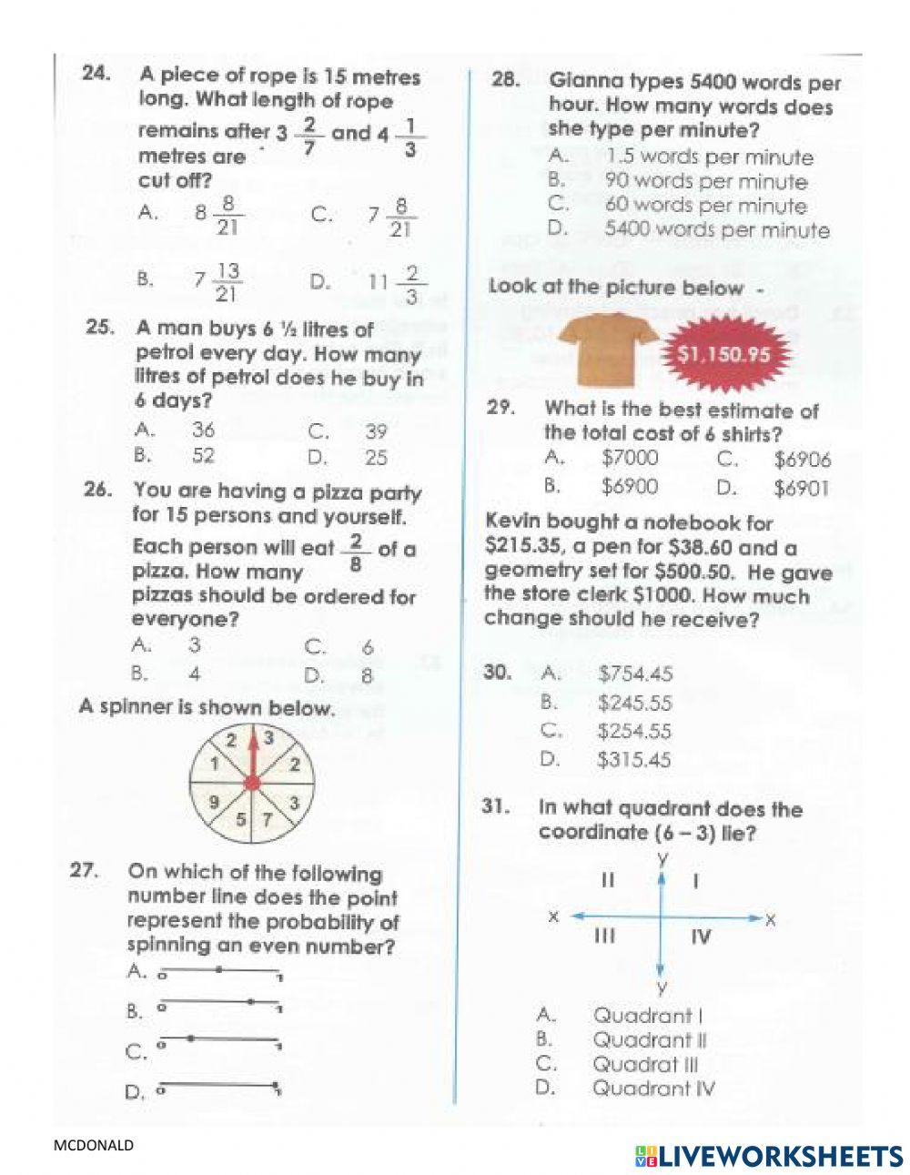 MATHEMATICS TEST 2 PEP WORKBOOK online exercise for | Live Worksheets