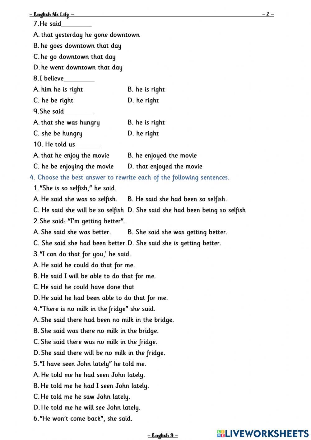 MsLily.G9- Unit 3 worksheet | Live Worksheets