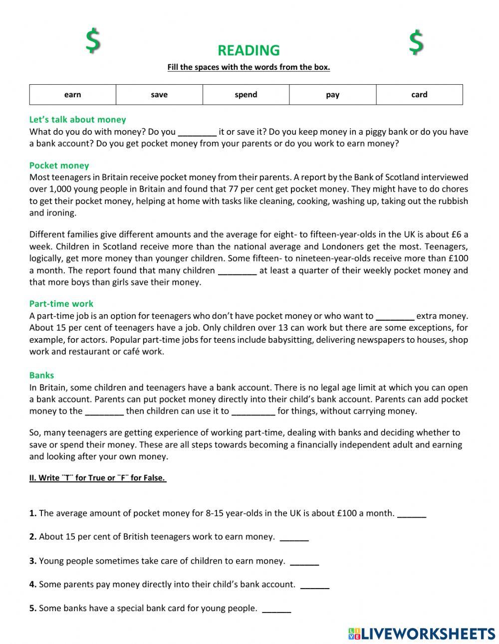 Money online exercise for BASIC 3 | Live Worksheets
