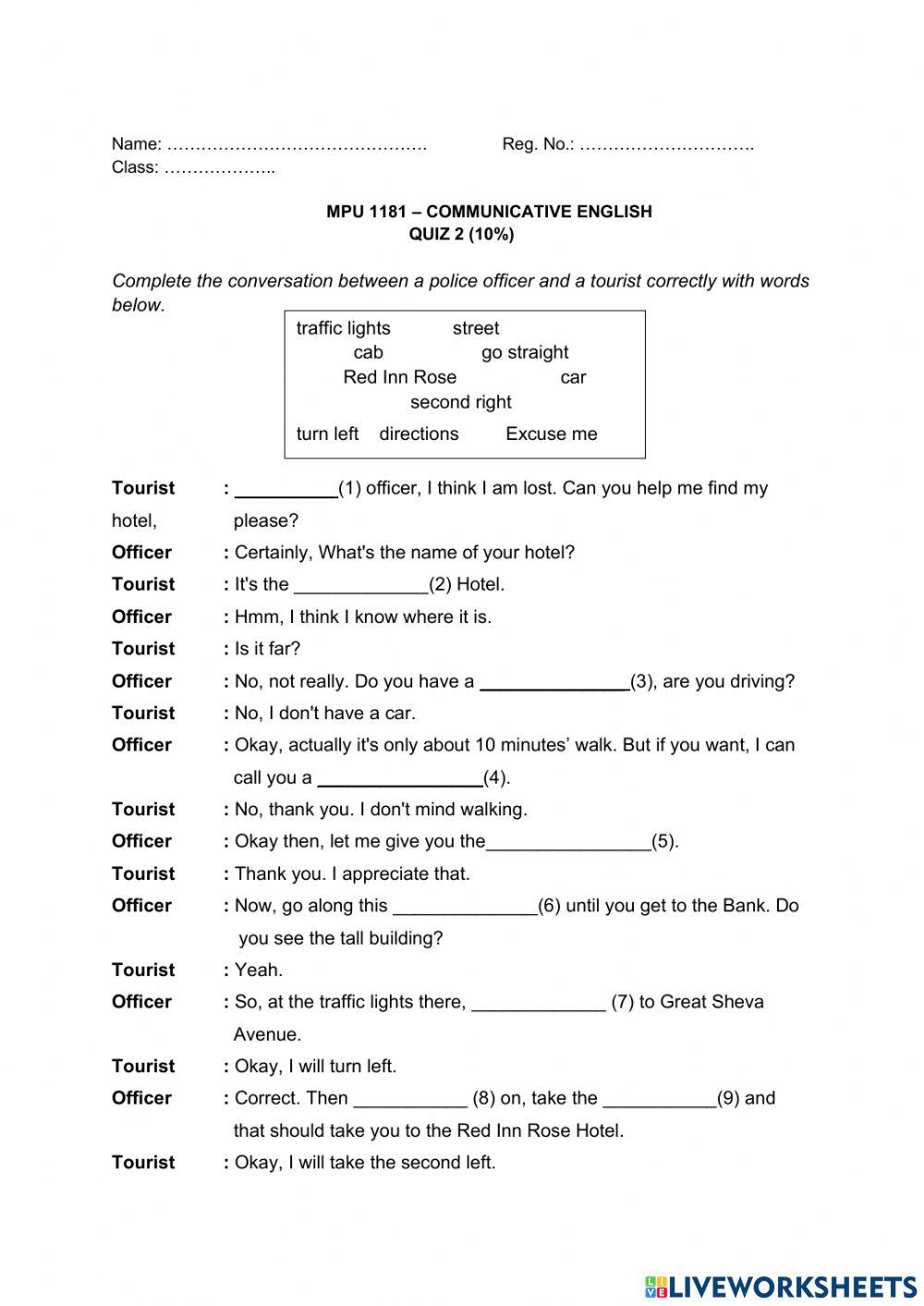 Quiz 2 communicative english worksheet | Live Worksheets