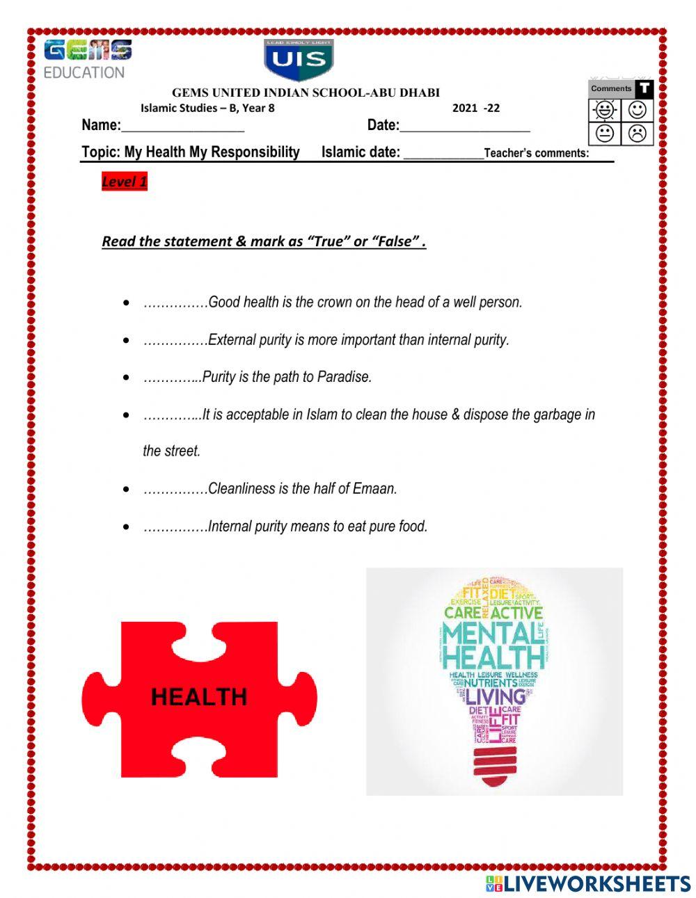 My Health My Responsibility G8 online exercise for | Live Worksheets