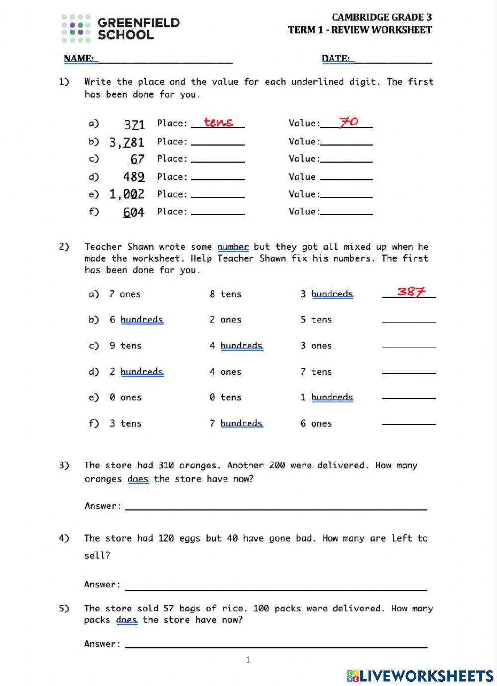 Grade 3 Term 1 … | Free Interactive Worksheets | 1585519