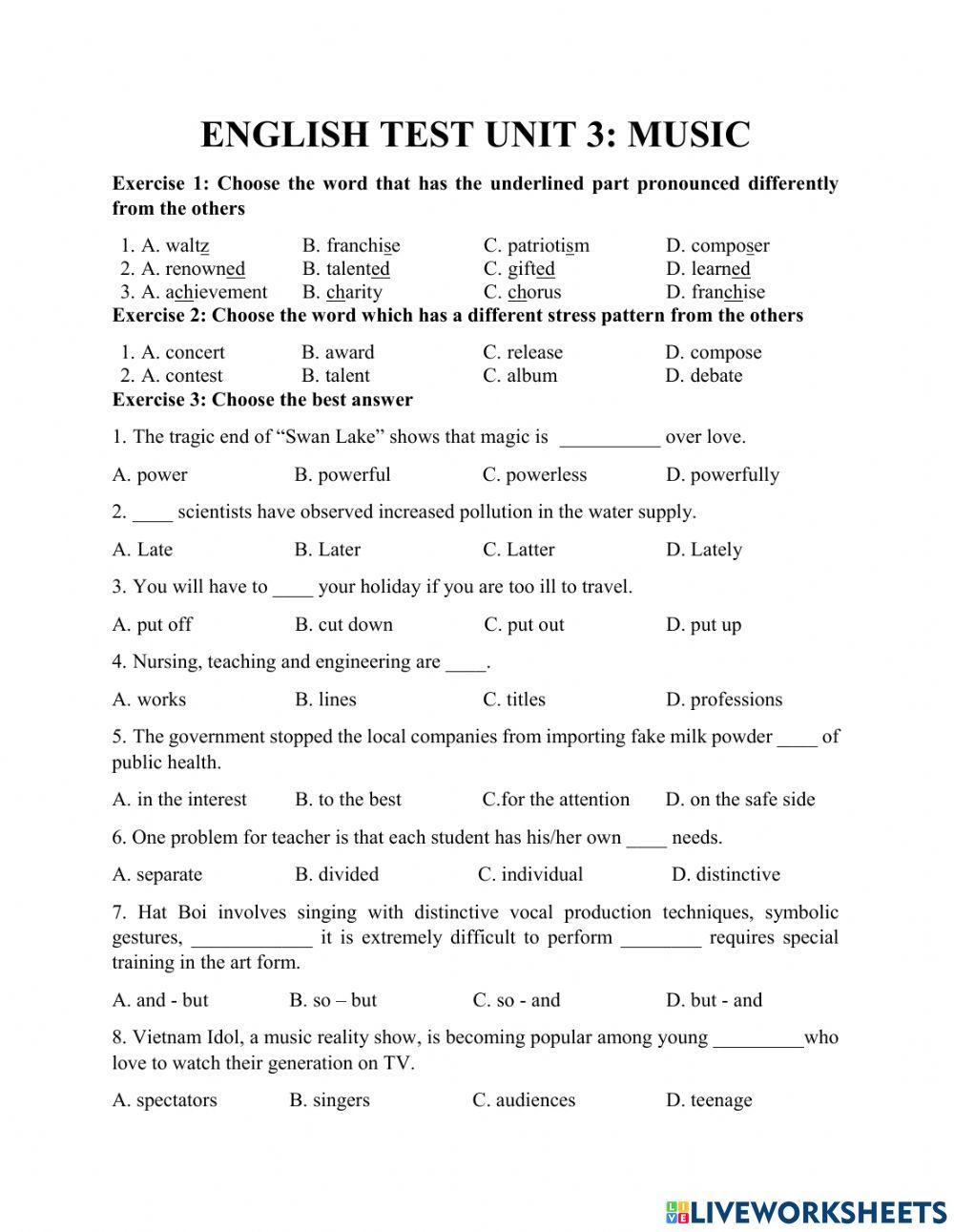 1585831 | English test unit 3 music | Đặng Thị Huyền