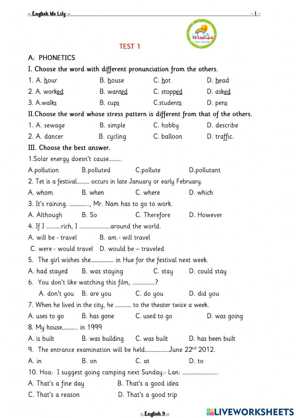 MsLily.G9- MID TEST 1 worksheet | Live Worksheets
