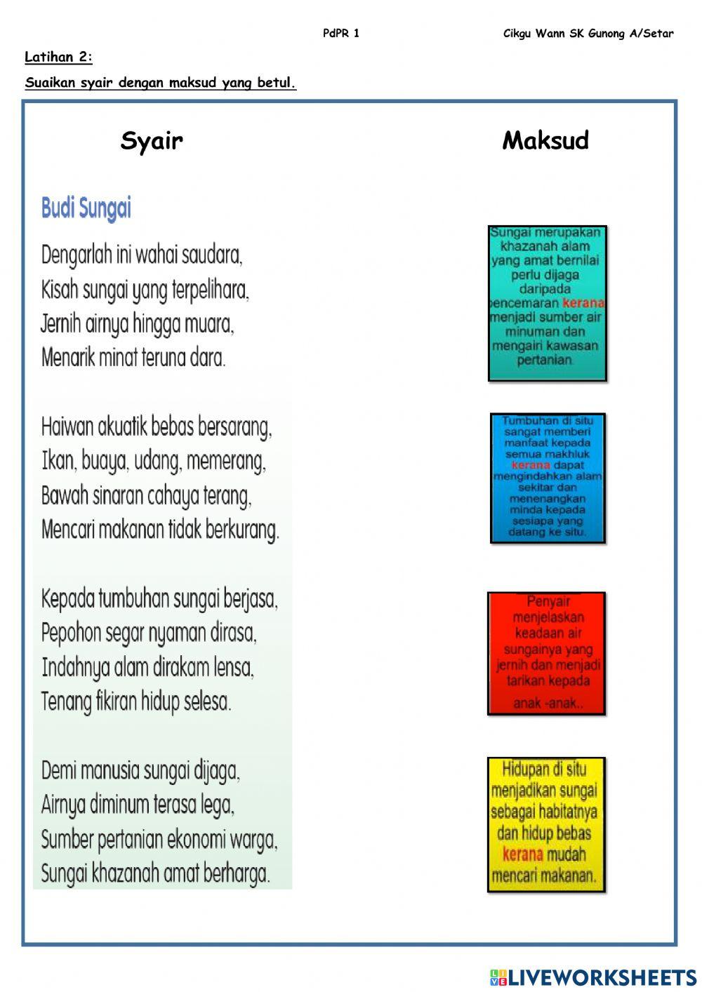 Latihan 2 : Memahami Syair worksheet | Live Worksheets