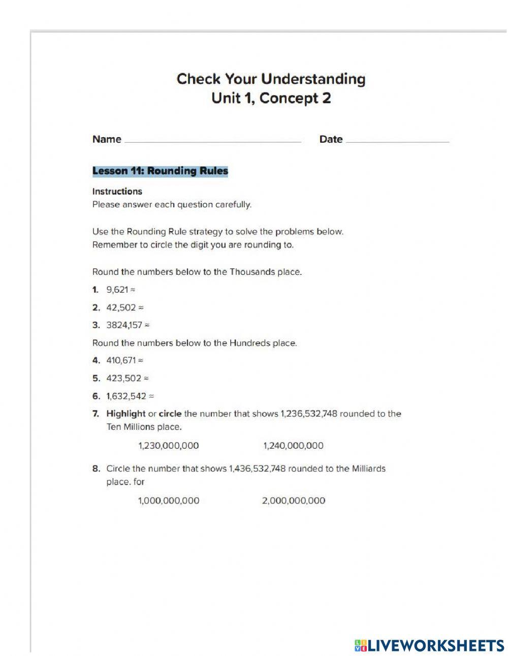 Rounding numbers Math worksheet | Live Worksheets