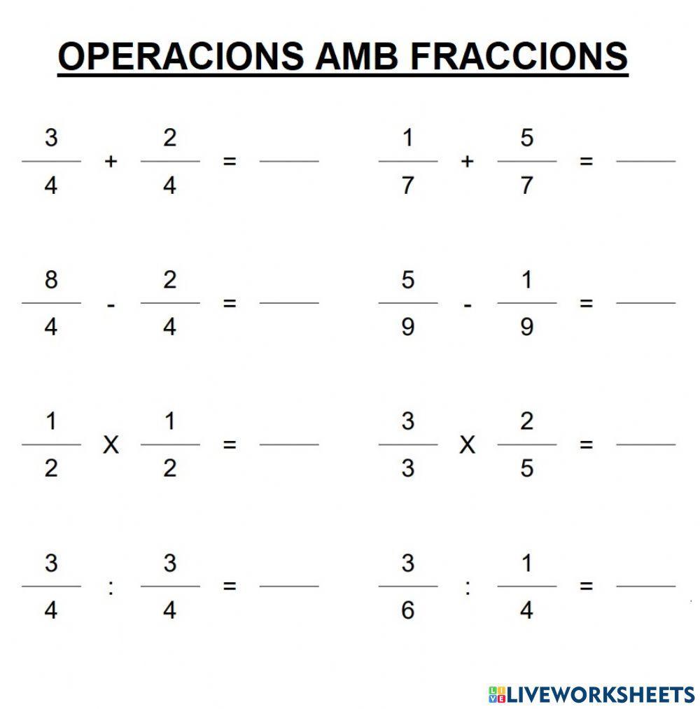 Operacions amb fraccions exercise | Live Worksheets
