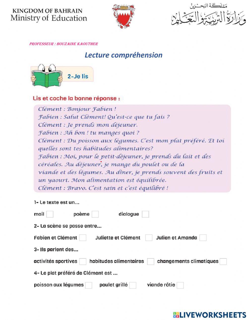 lecture - compréhension online exercise for | Live Worksheets