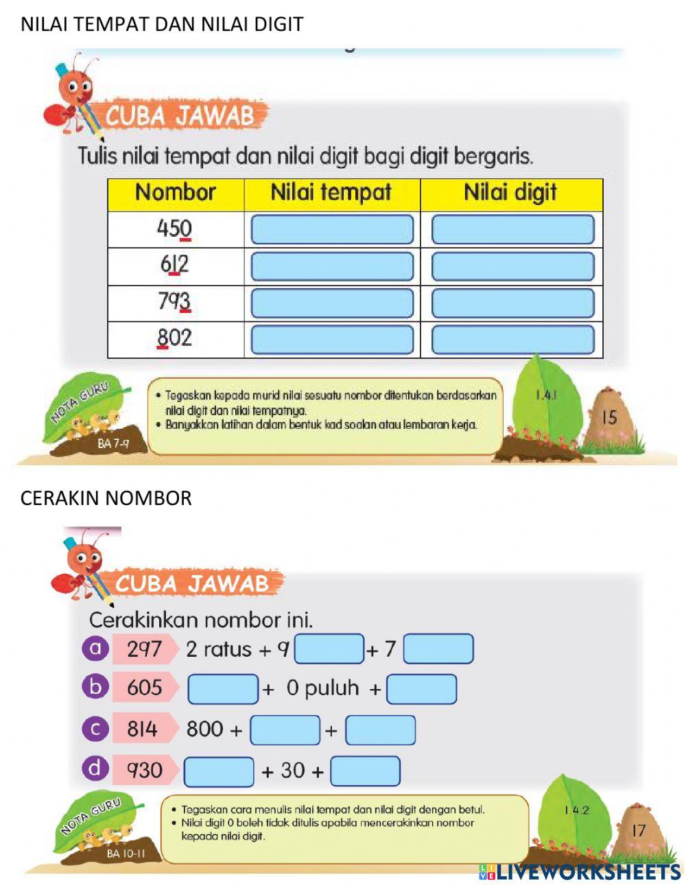 Mt2 Tajuk 1: Nilai nombor, Nilai tempat,Nilai digit, Cerakinkan ...
