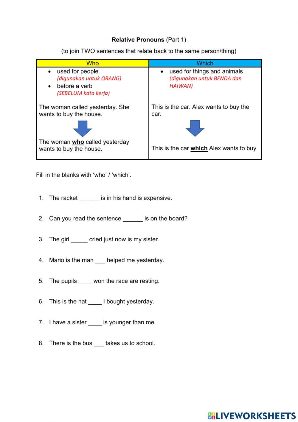 Relative Pronou… | Free Interactive Worksheets | 1588413