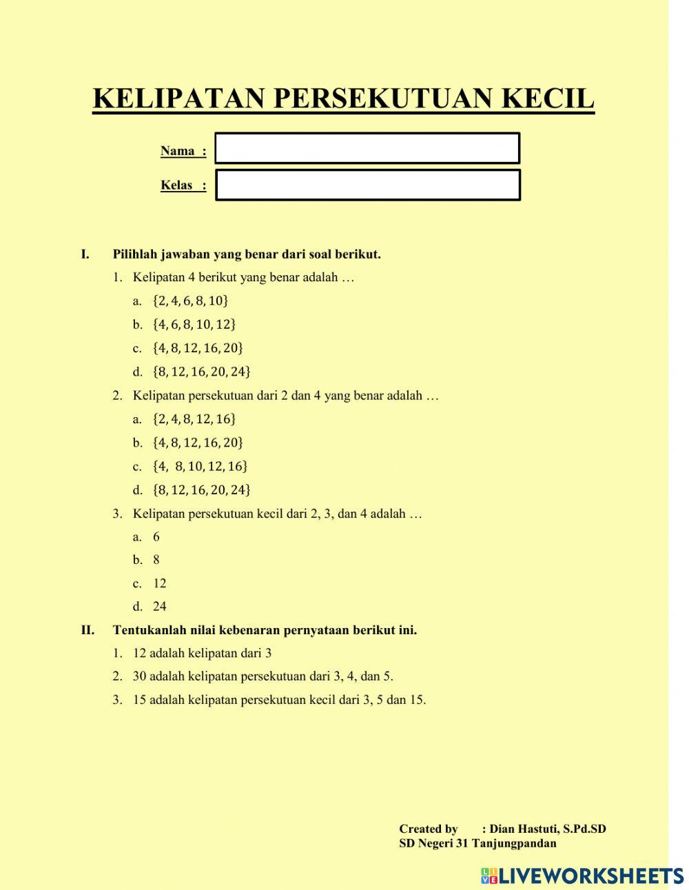 Kelipatan Persekutuan Kecil worksheet | Live Worksheets