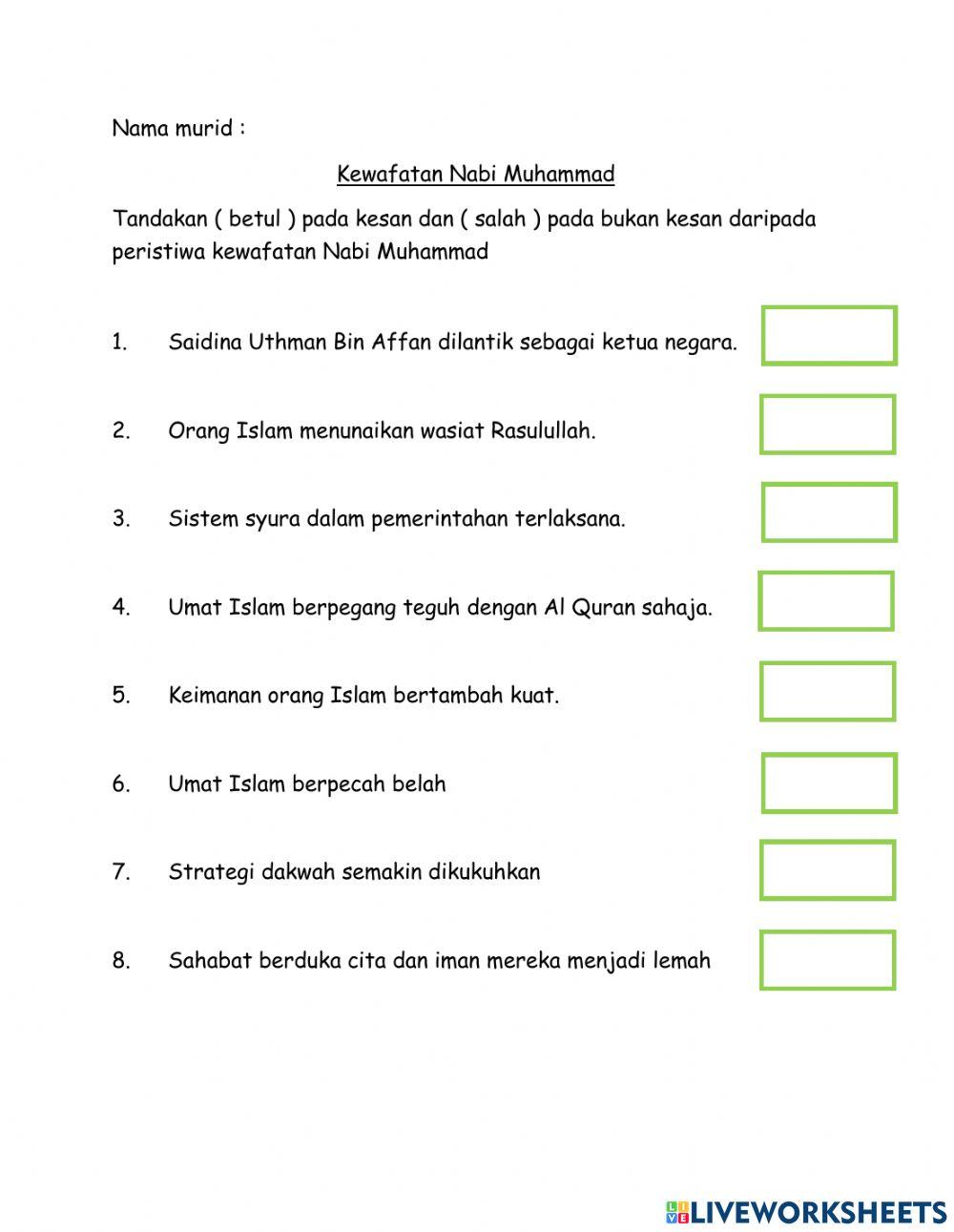Kewafatan Nabi Muhammad exercise | Live Worksheets