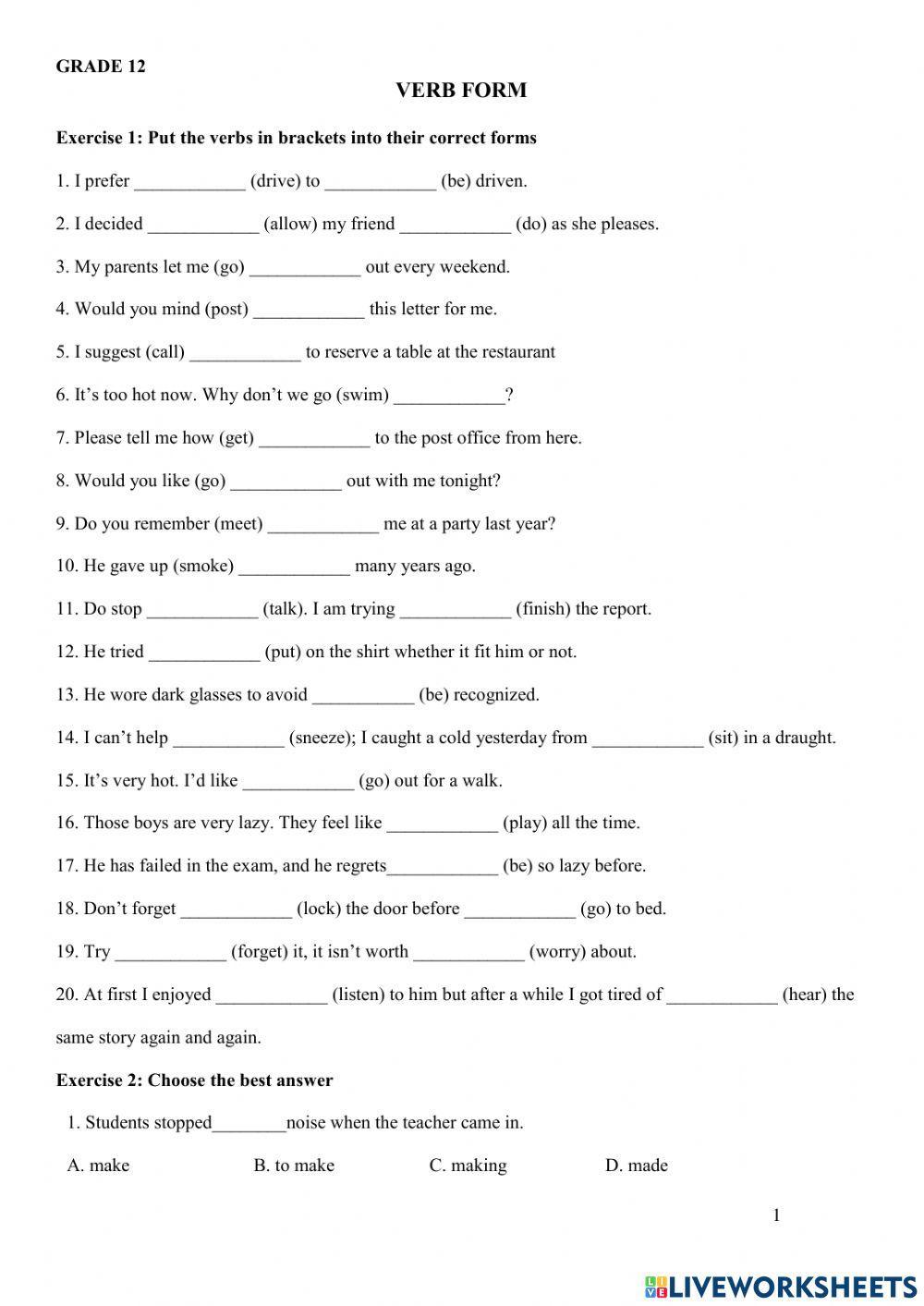 Exercises Verb form 12 1589134 | kimlangle | Live