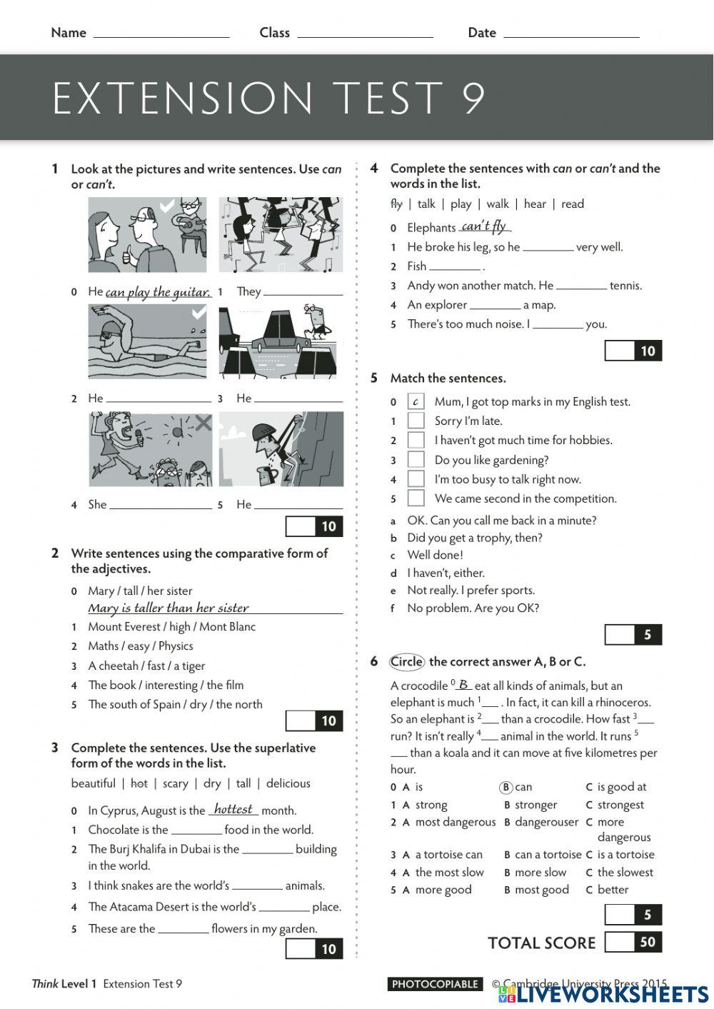 Unit 9-EXTENTION TEST-THINK A1 worksheet | Live Worksheets