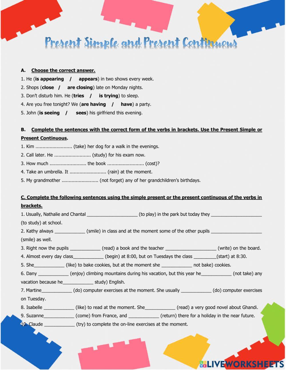 Present Simple and Present Continuous online exercise for | Live Worksheets