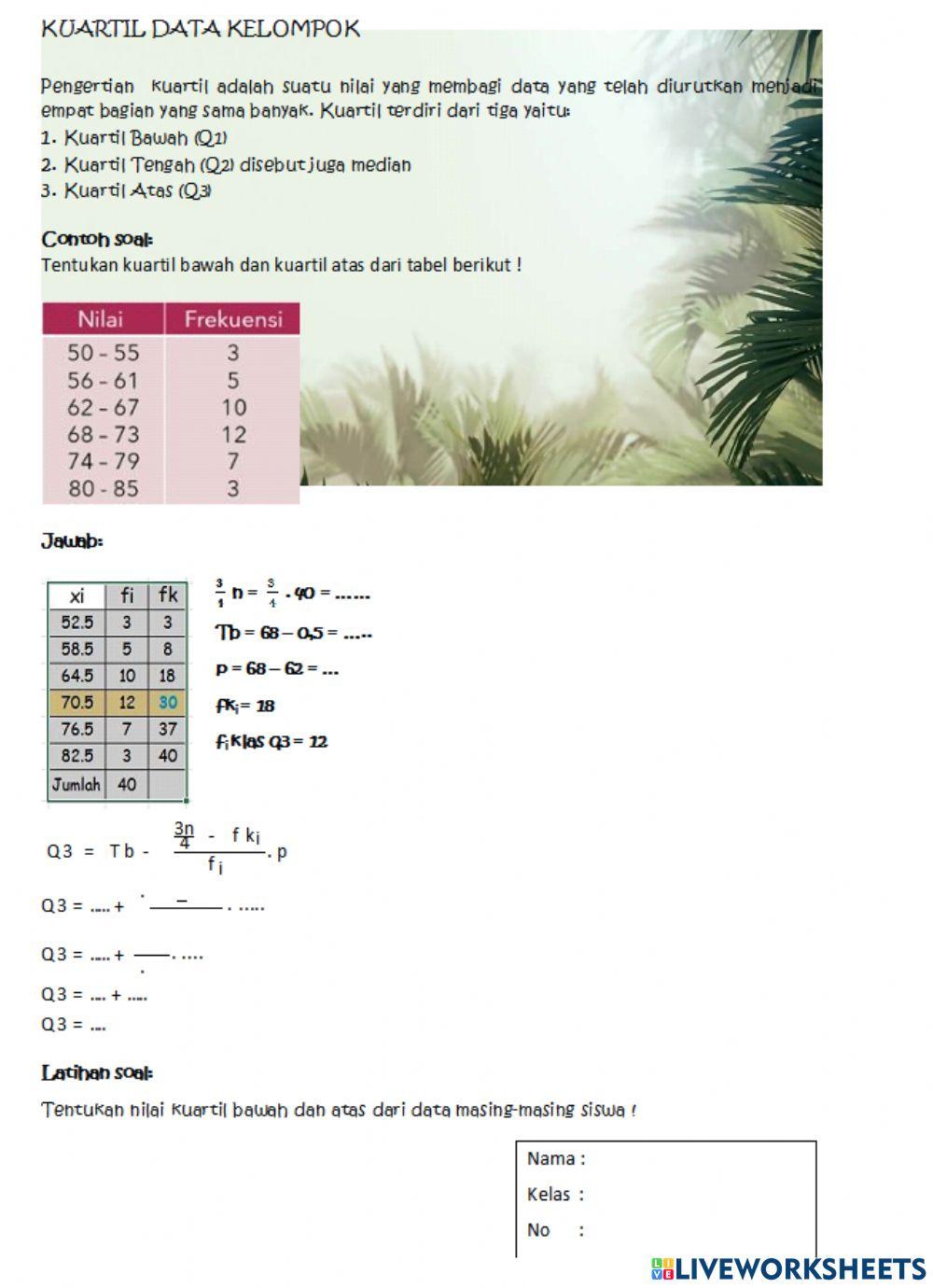 Kuartil data ke… | Free Interactive Worksheets | 1589158
