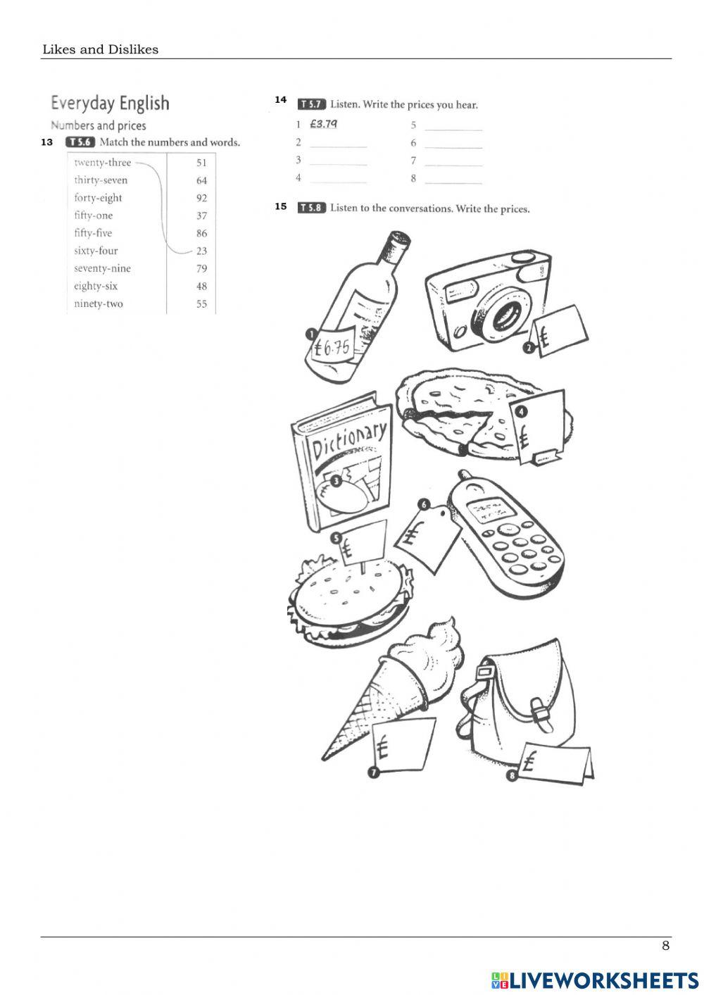 Numbers and Prices activity | Live Worksheets