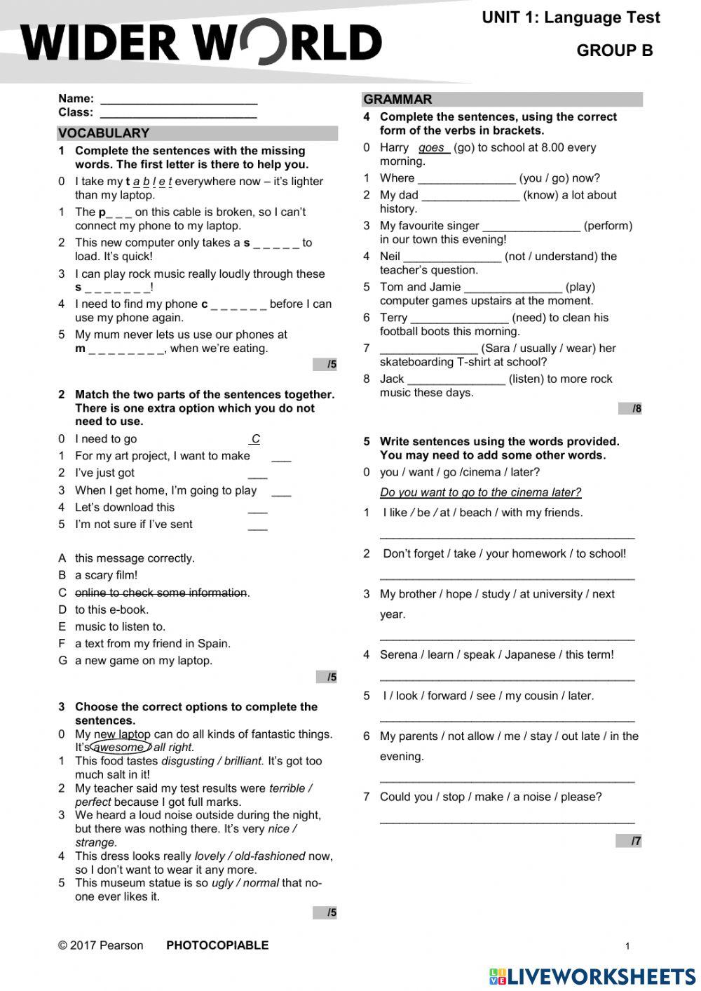 Wider world 3 unit 1 test online exercise for | Live Worksheets