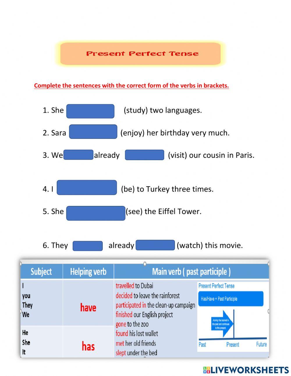 Present perfect revision online exercise for | Live Worksheets