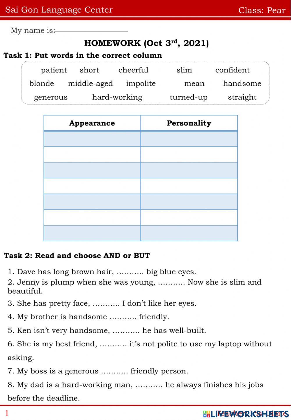 Homework-class Pear (Oct 3rd) worksheet | Live Worksheets