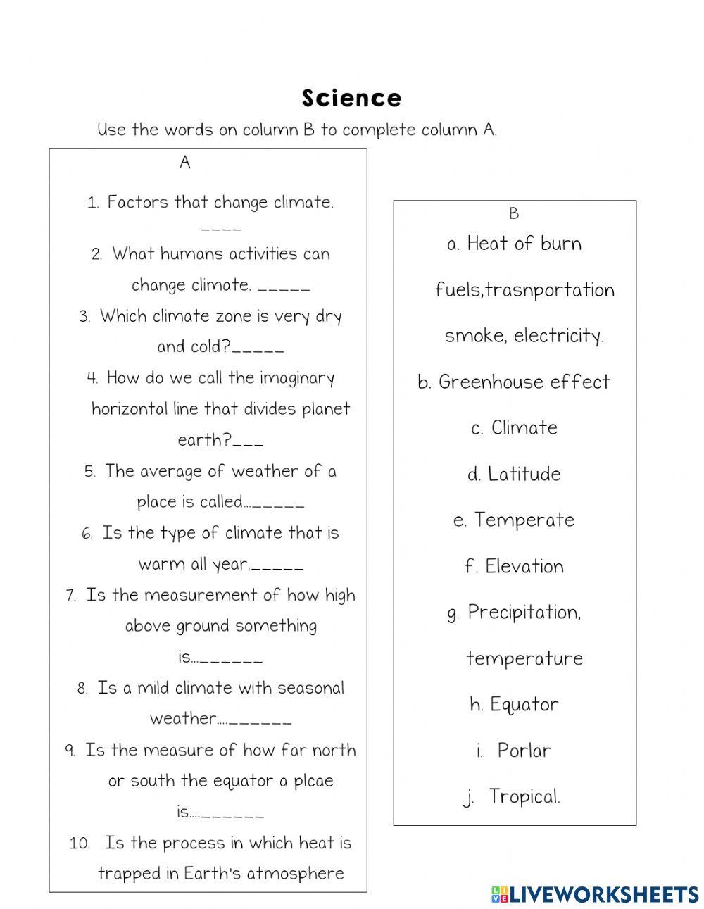 Climate Change | Free Interactive Worksheets | 1479168