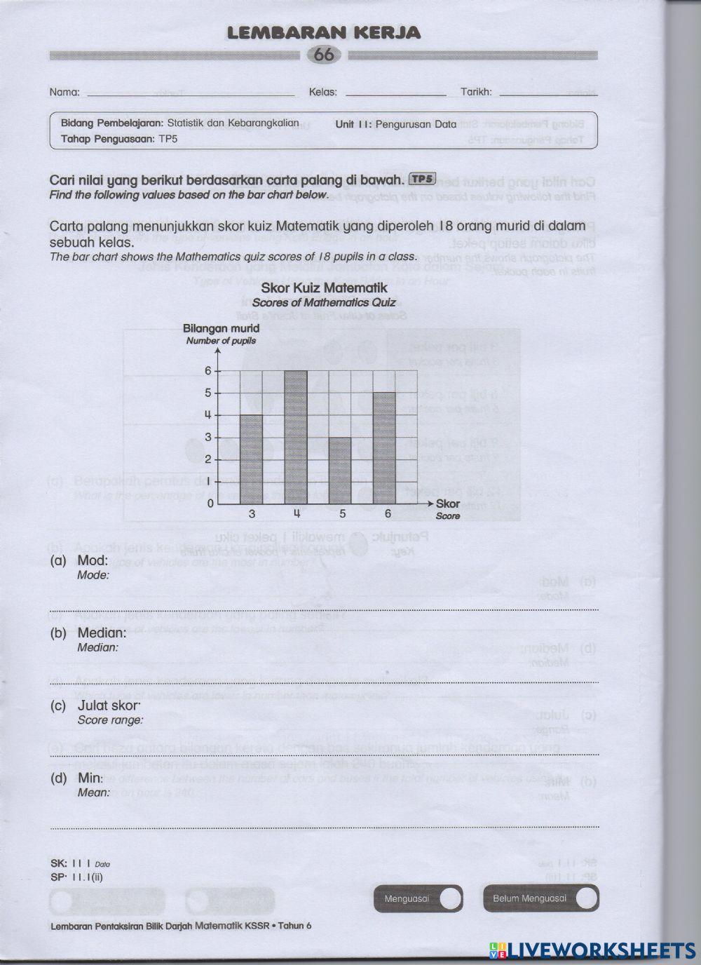 Mod, median, min dan julat carta palang worksheet | Live Worksheets