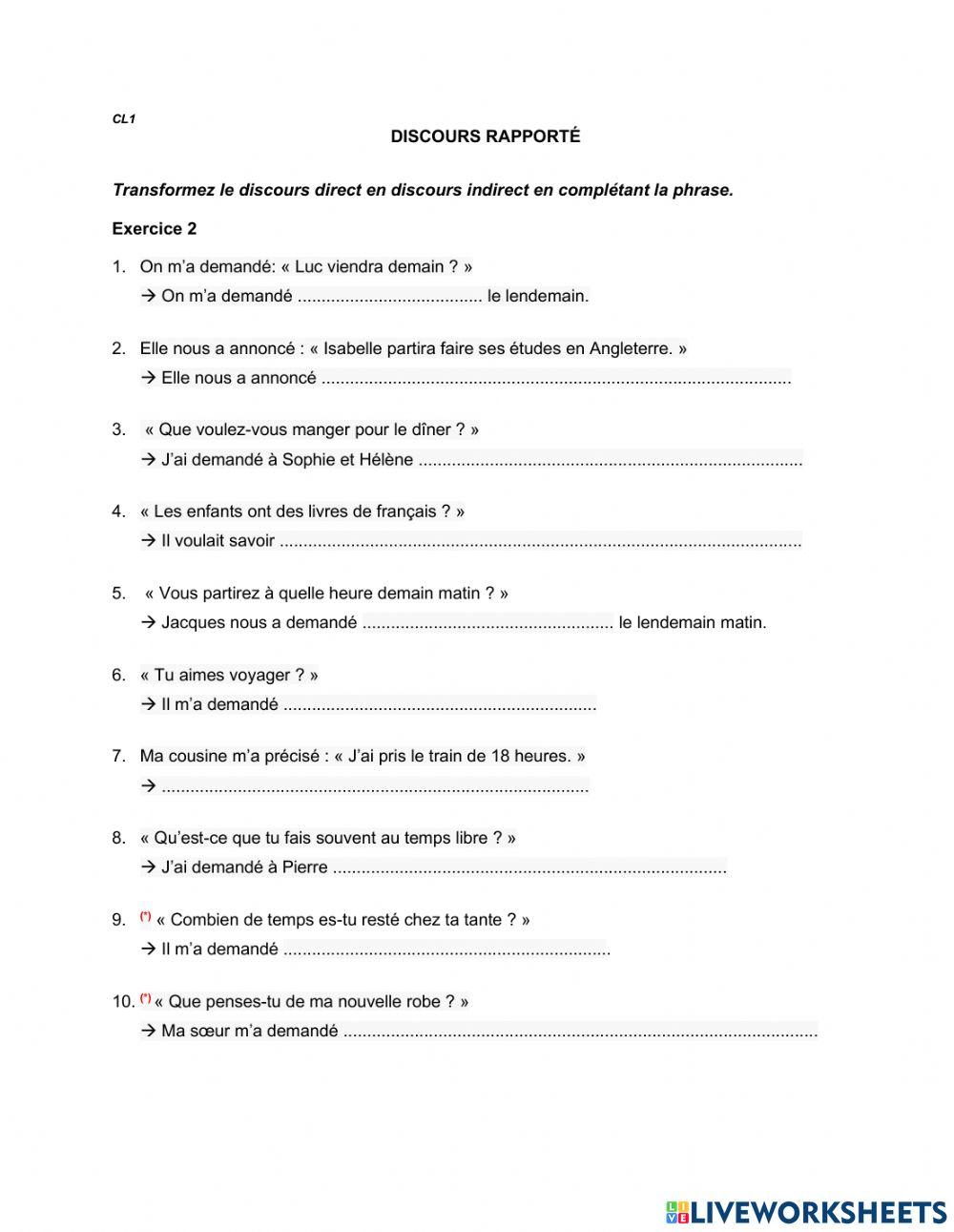Discours rapporté worksheet for 3 | Live Worksheets
