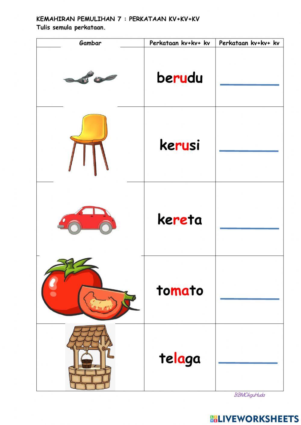 Kp7 perkataan kv kv kv worksheet | Live Worksheets