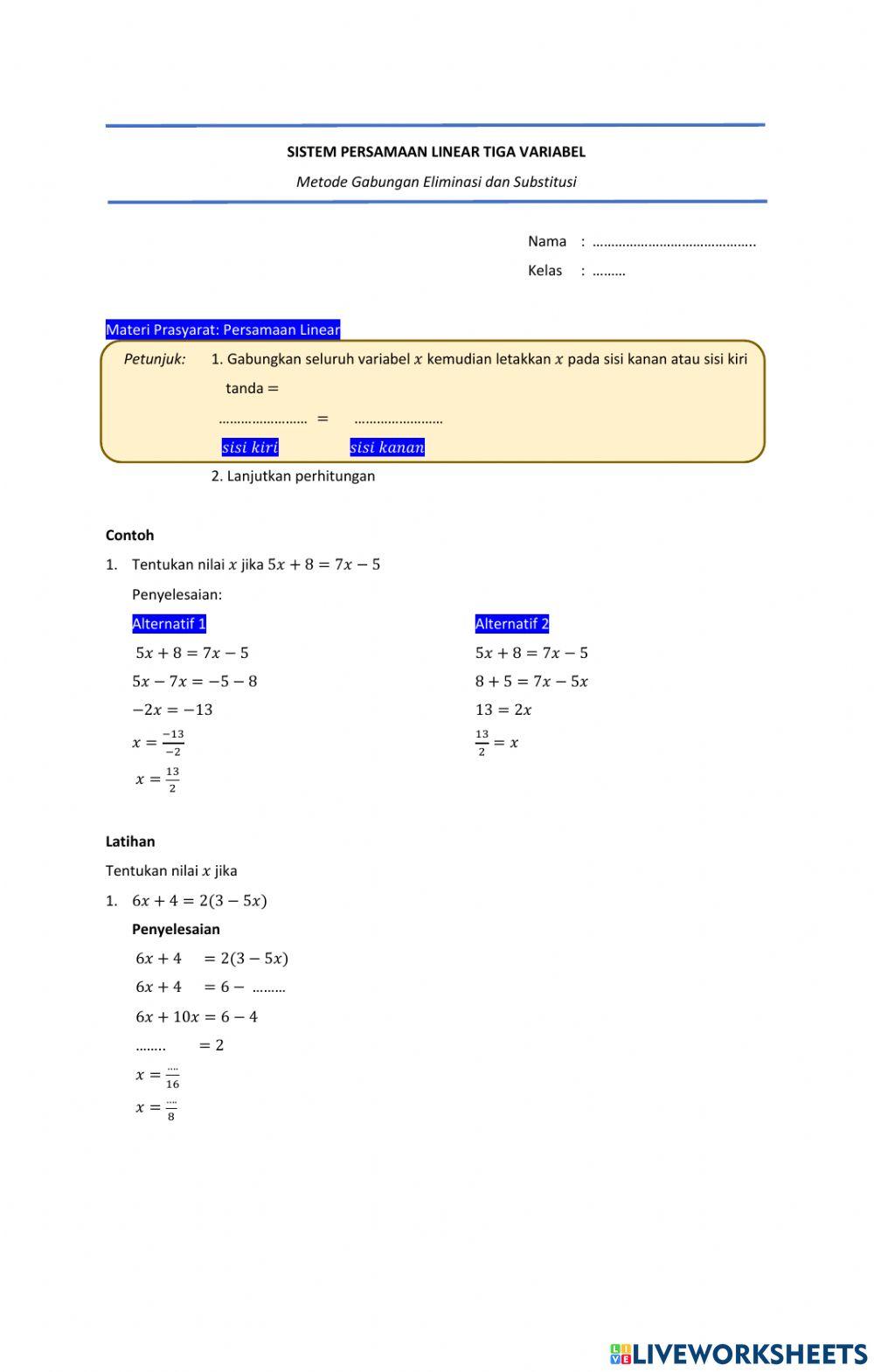Persamaan Linear Tiga variabel interactive worksheet | Live Worksheets