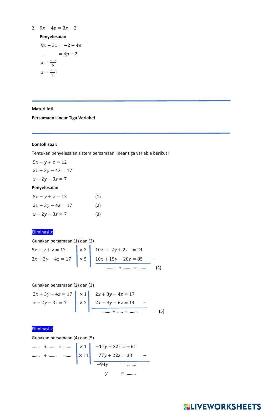 Persamaan Linear Tiga variabel interactive worksheet | Live Worksheets