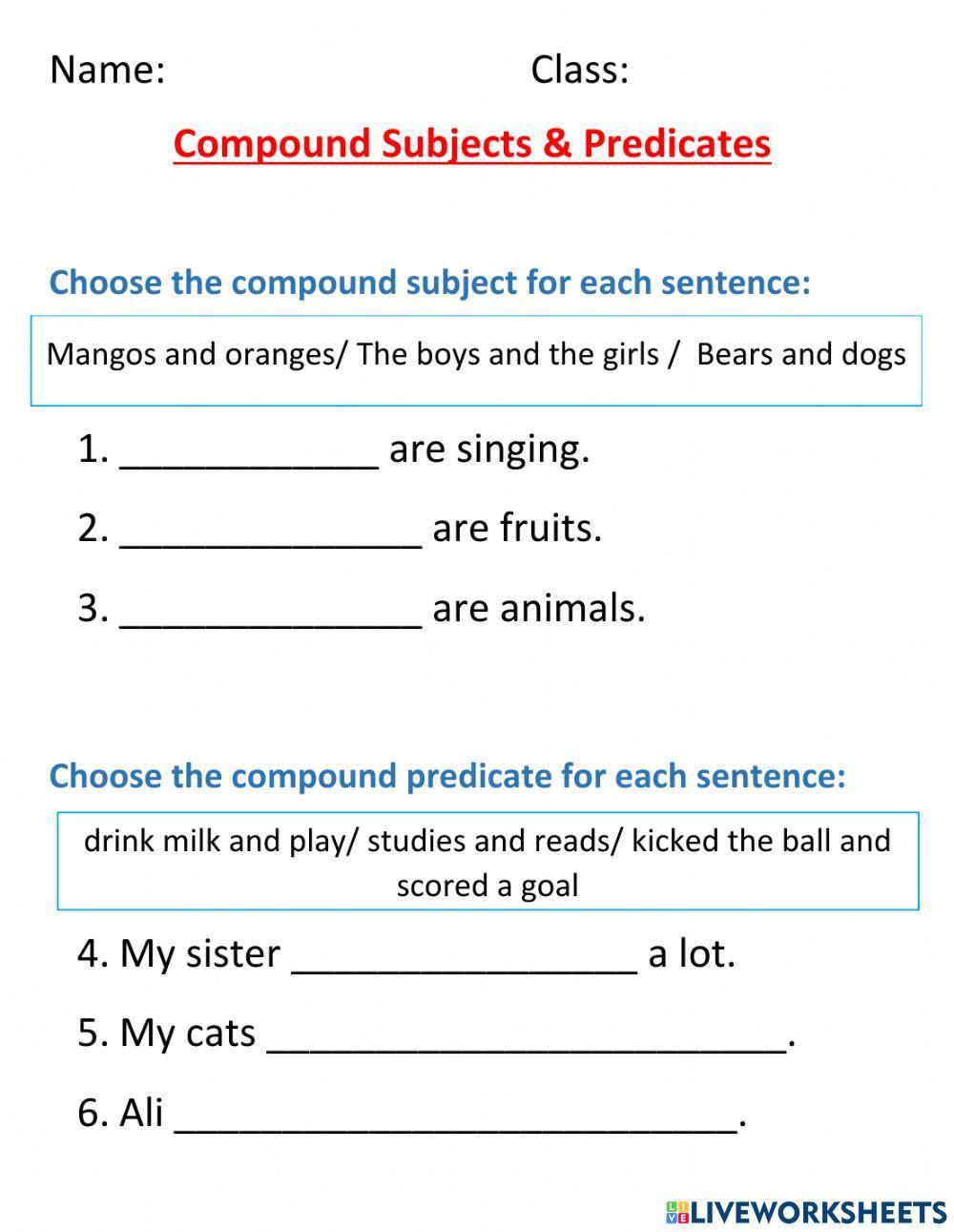 Compound Subjects And Predicates Activity Live Worksheets compound-subjects-and-predicates-activity-live-worksheets