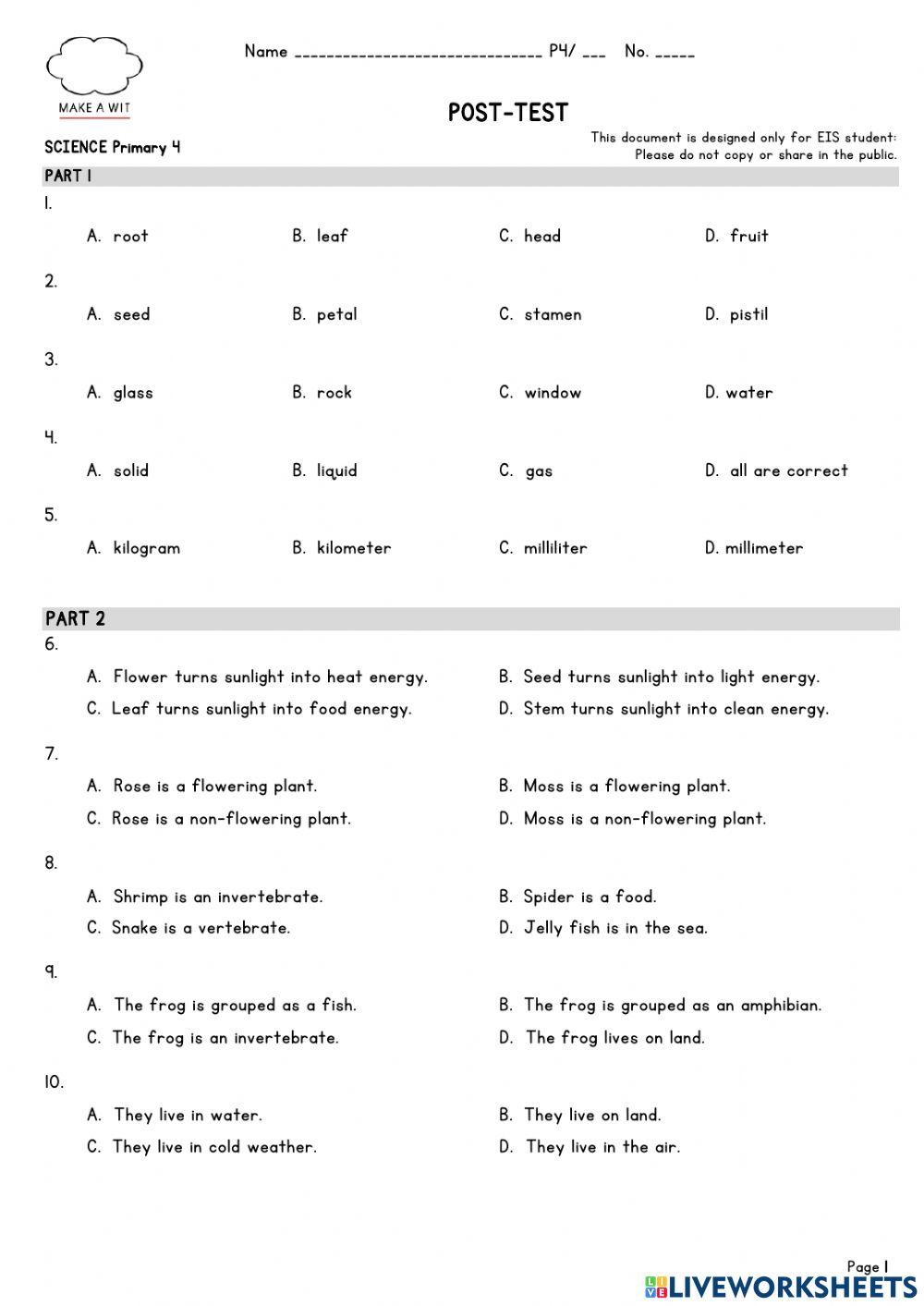 EIS P4 Post-test Science by Teacher Gym | Gymily | Live