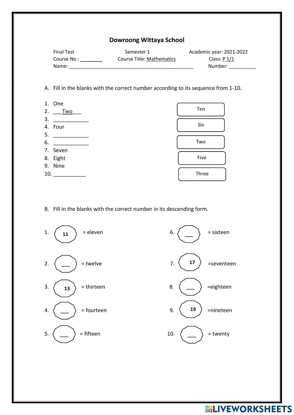 P1-1 Math Final Test | Genevieve Adriano | Live