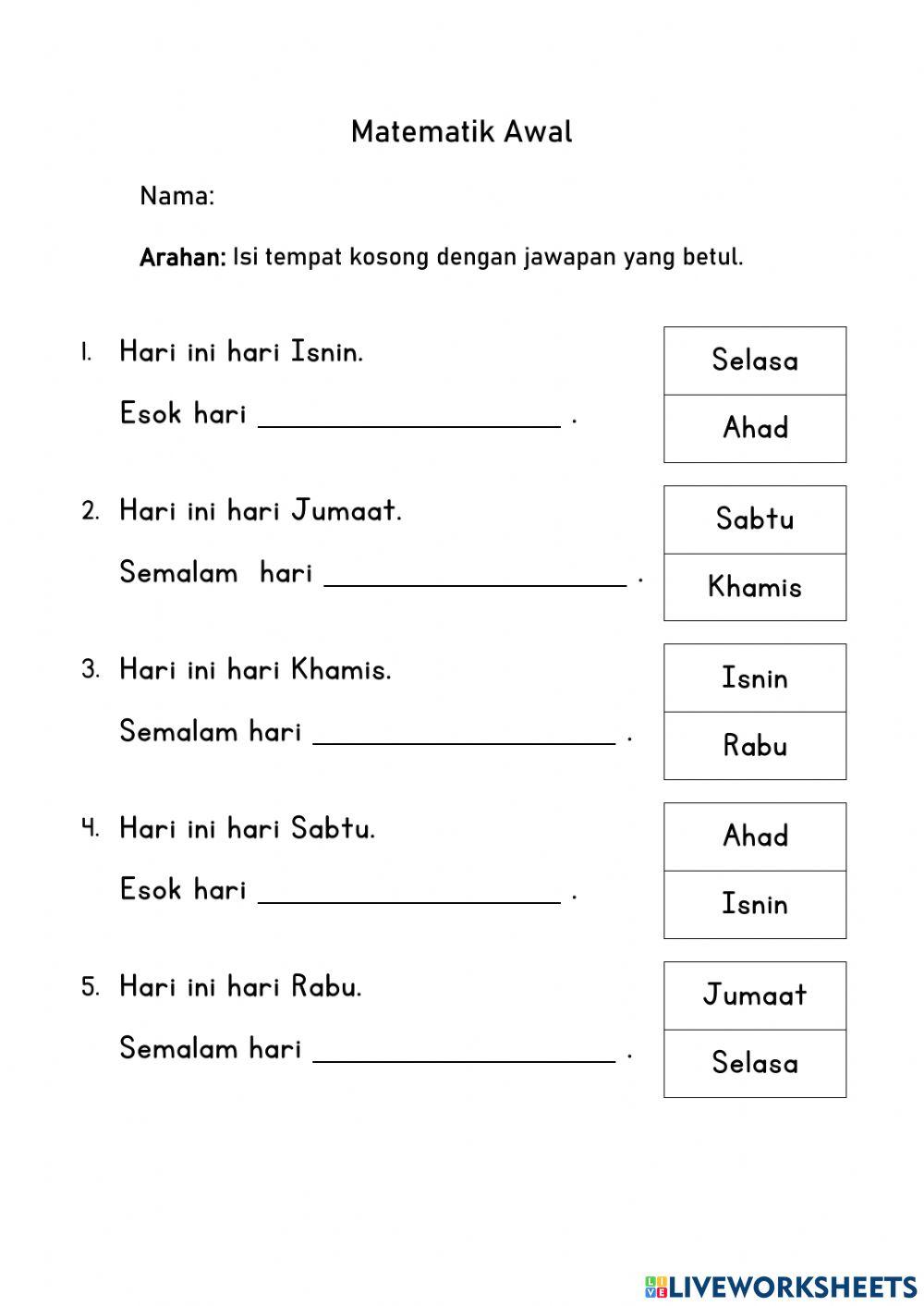 Lembaran Kerja M12 - Matematik Awal worksheet | Live Worksheets