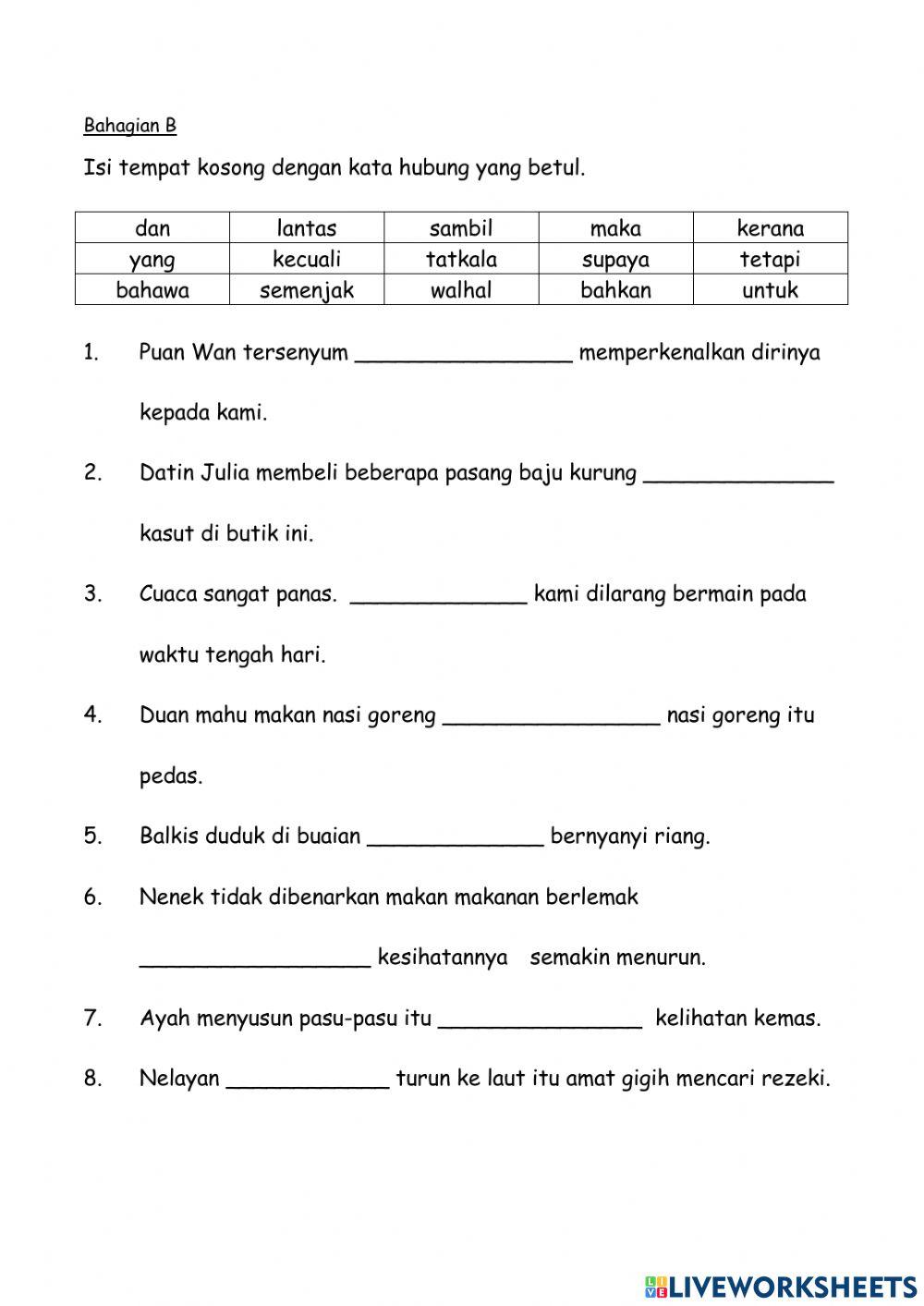 Kata hubung online exercise for | Live Worksheets