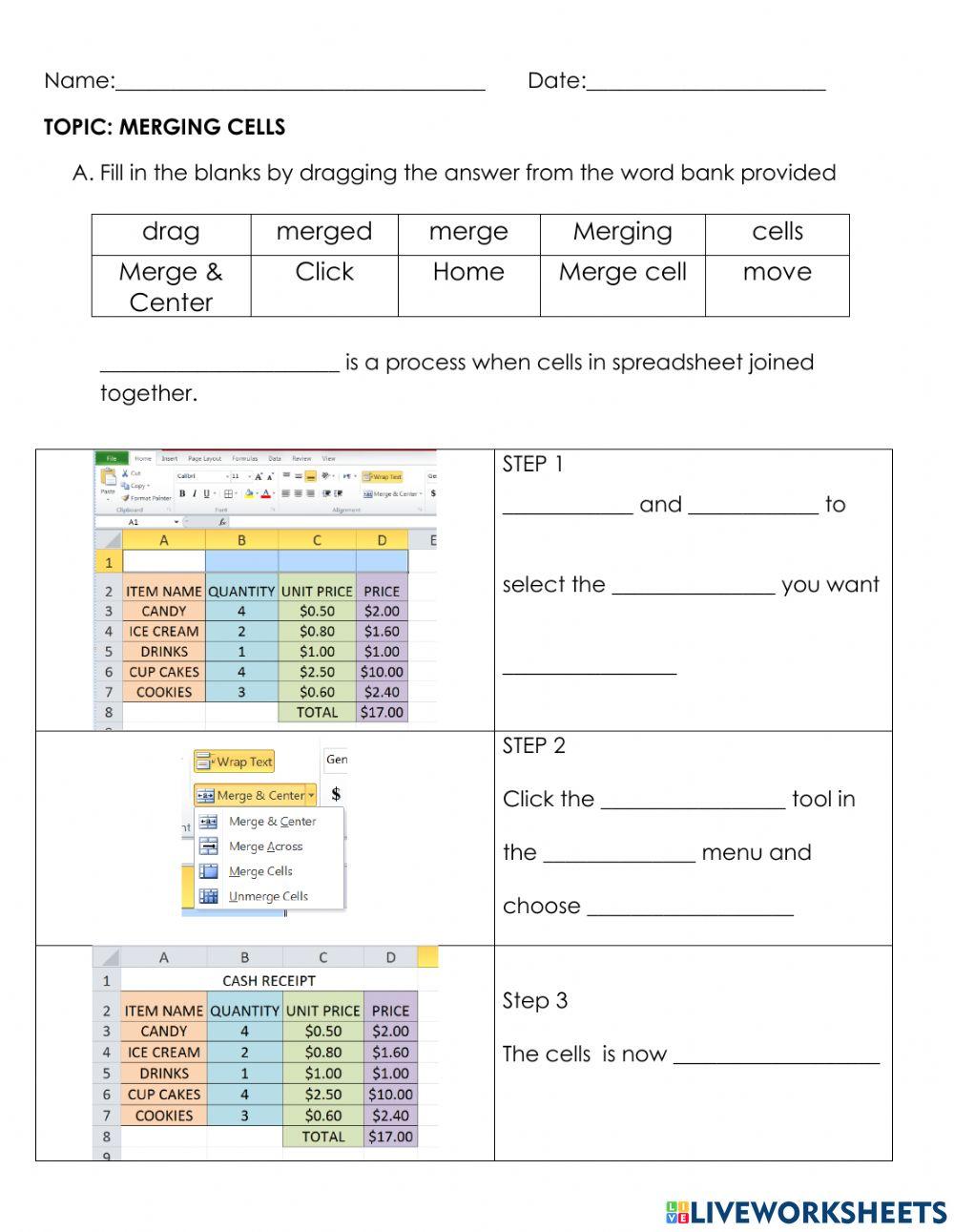 Merging cells in MS Excel worksheet | Live Worksheets
