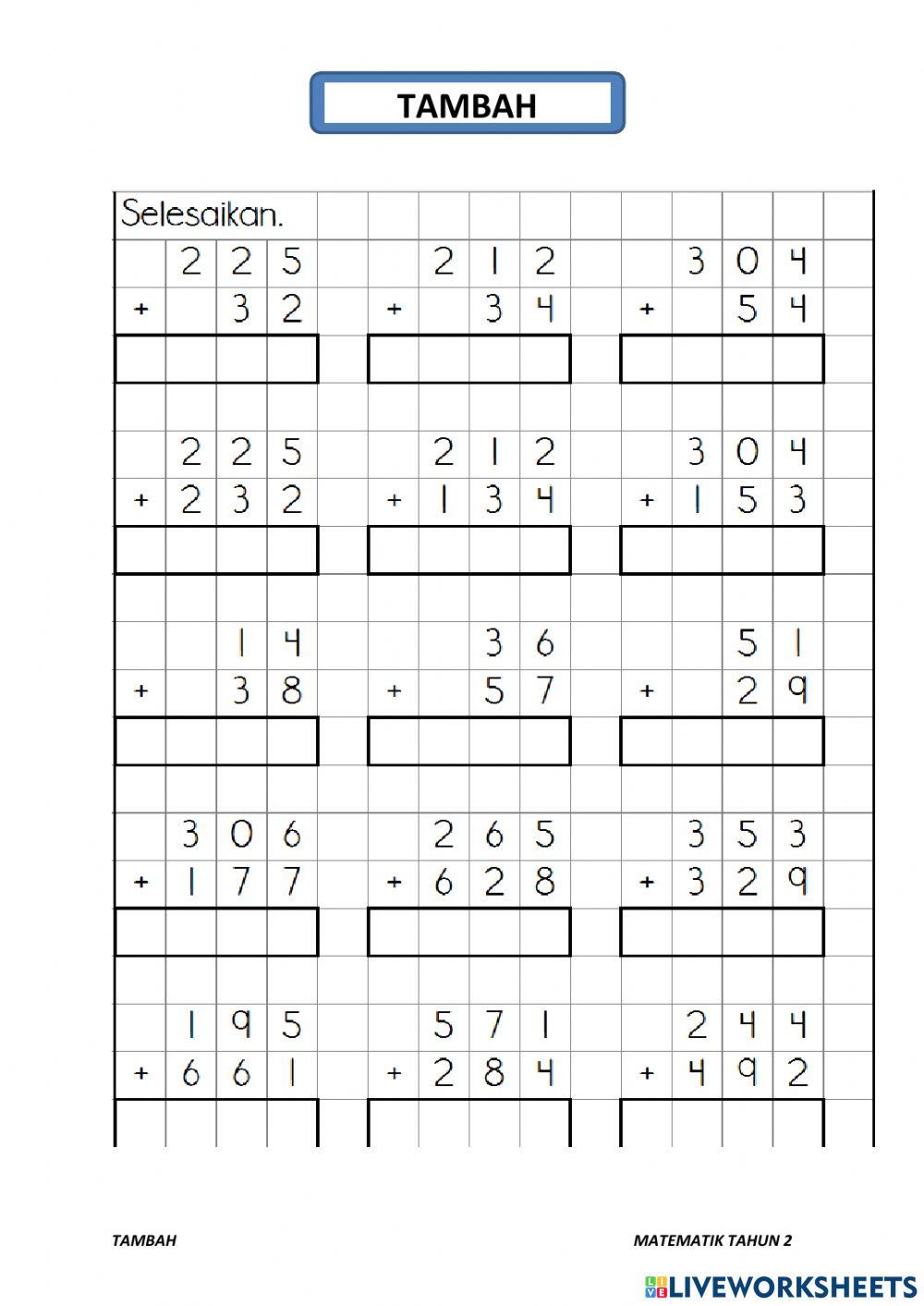 Tambah online exercise for 2 | Live Worksheets