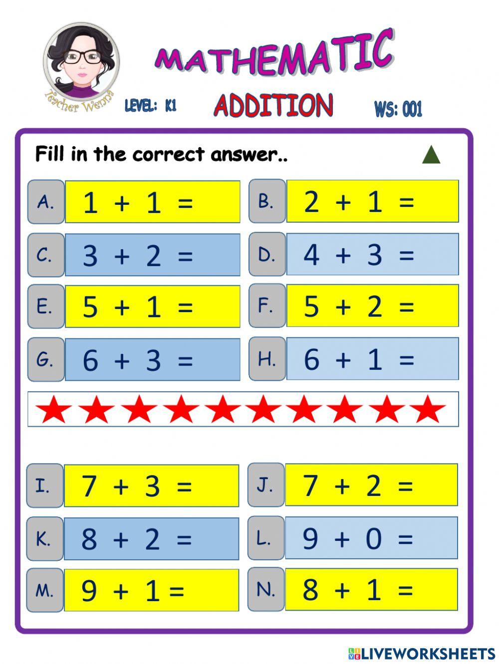 Addition online exercise for K1 | Live Worksheets