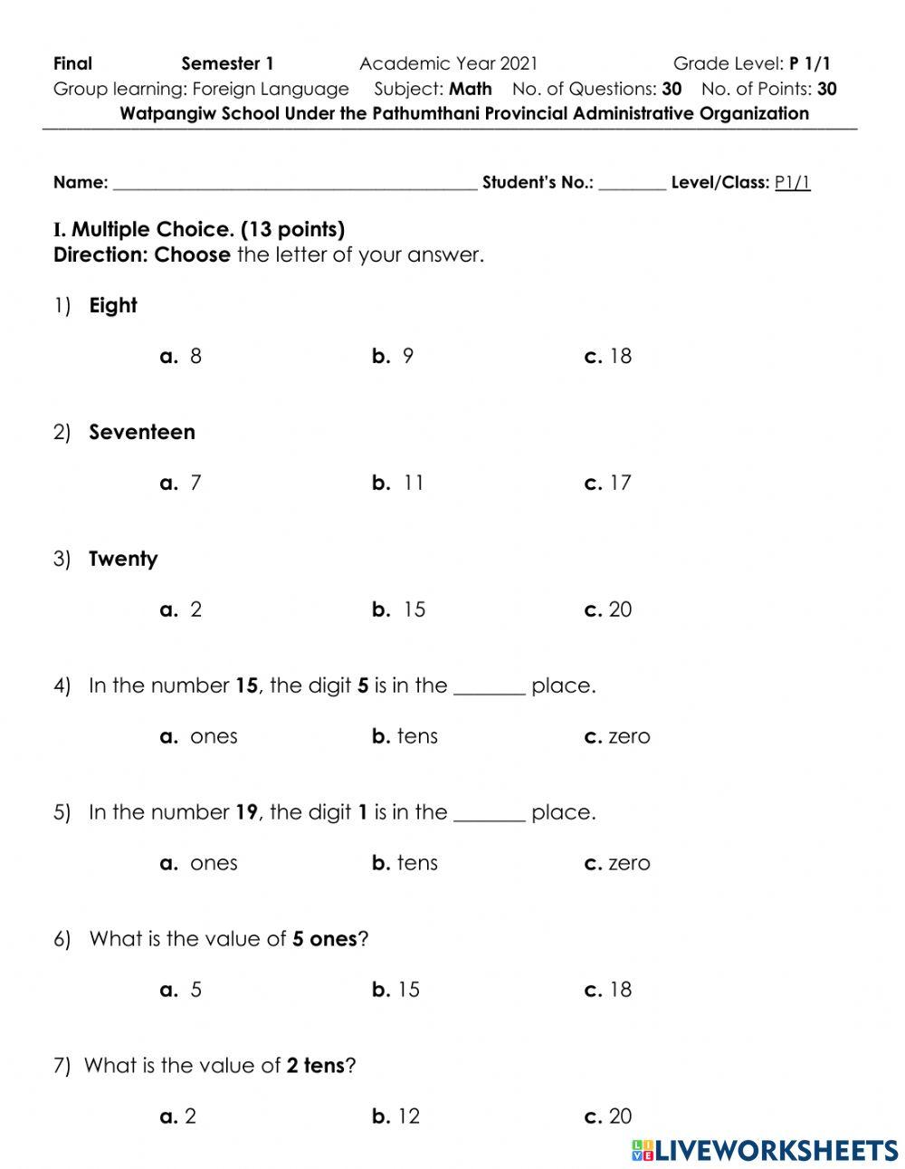 P1 Math Final Test Term 1 | joylyngubantes | Live