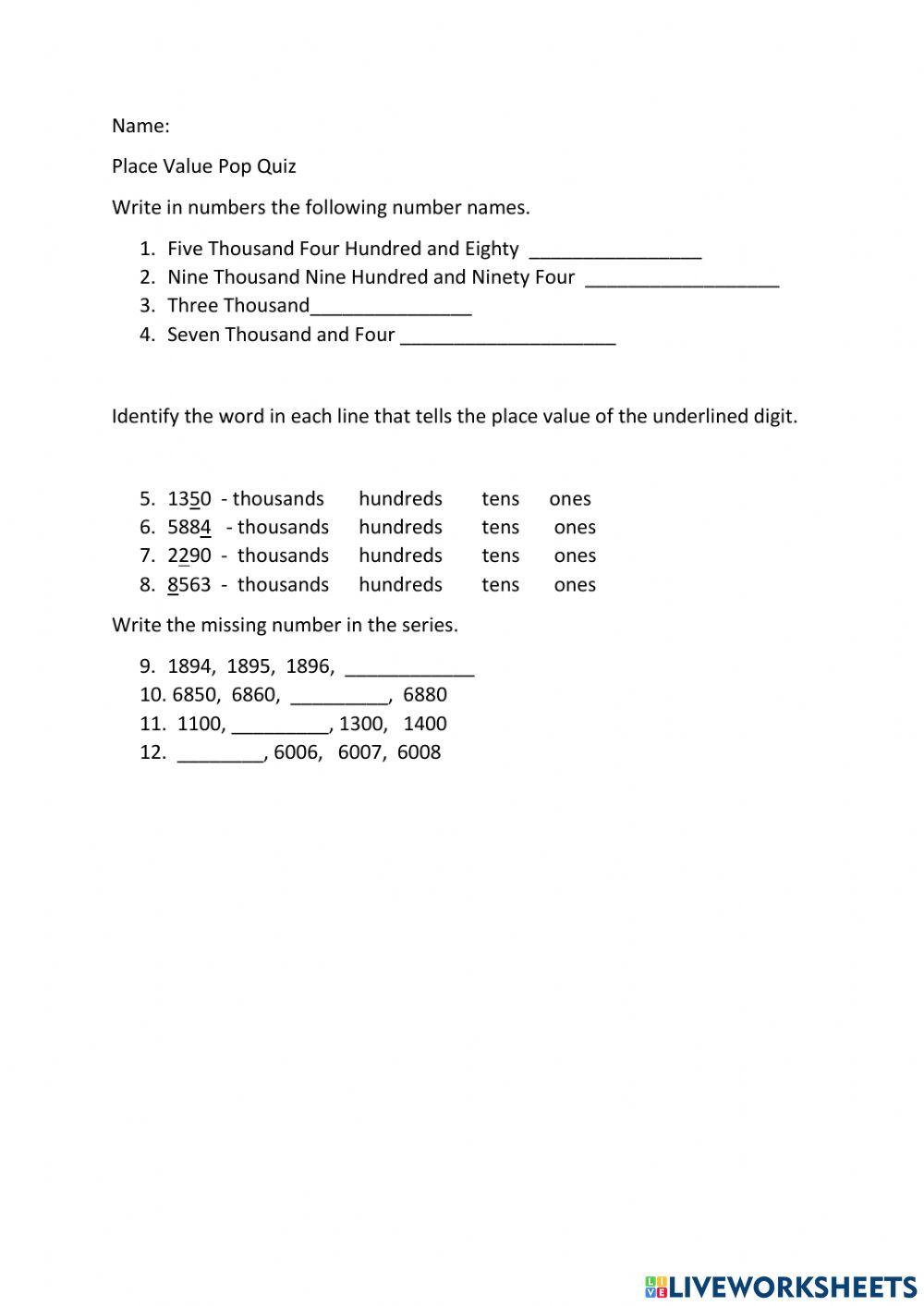 Place Values 1483410 | Bryant123 | Live Worksheets