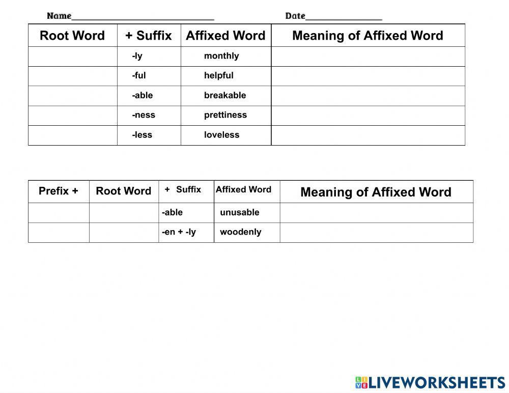 Suffix chart worksheet | Live Worksheets