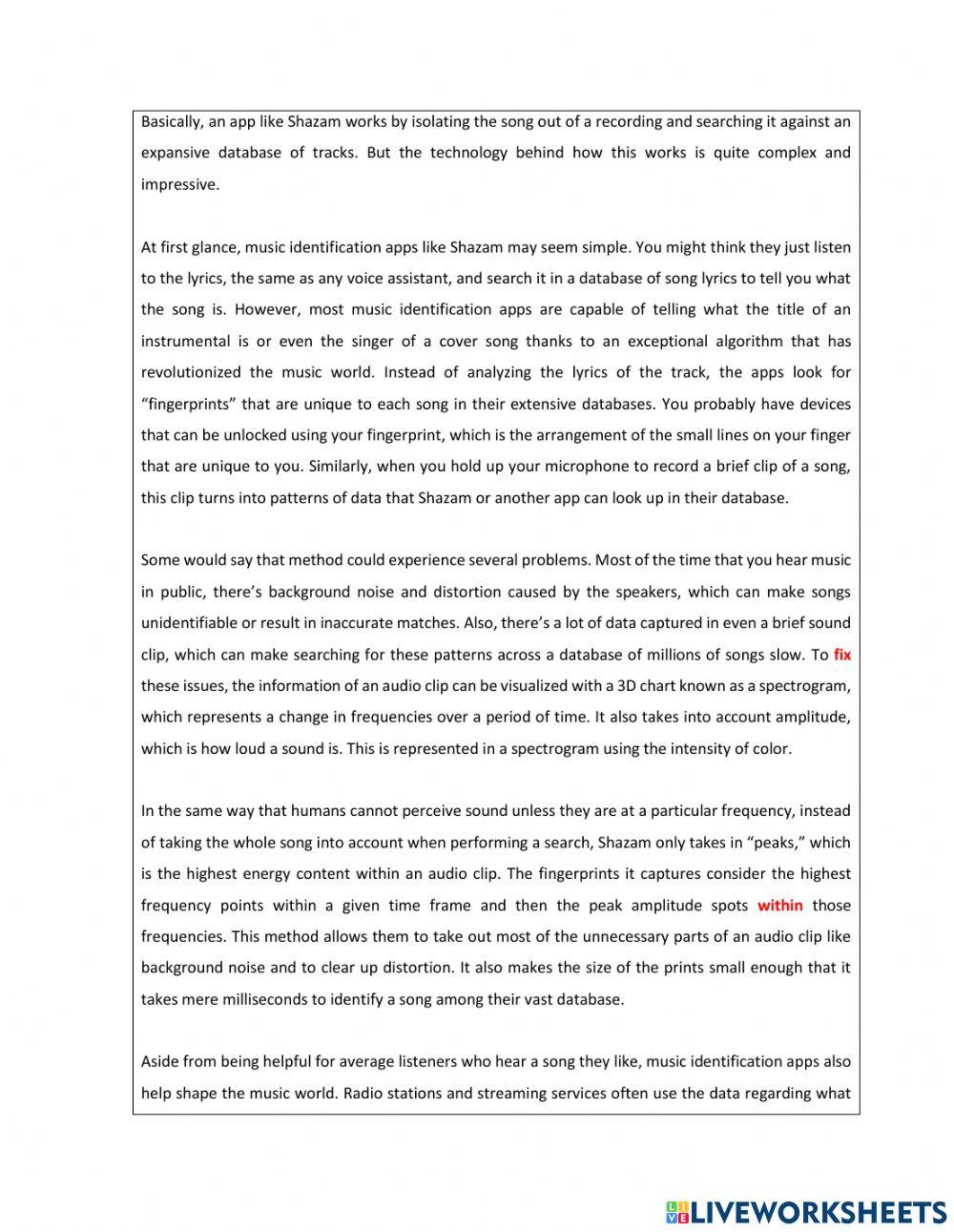 How Do Music Identification apps like Shazam Work? worksheet | Live ...