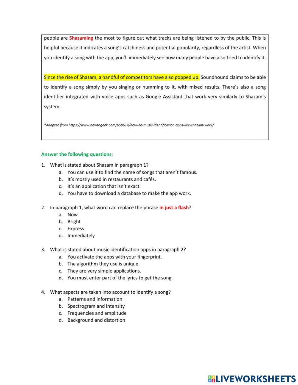 How Do Music Identification apps like Shazam Work? worksheet | Live ...