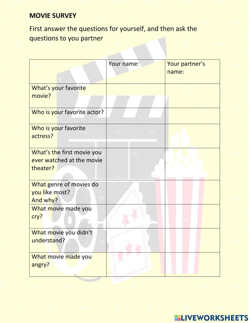 Movie survey worksheet | Live Worksheets