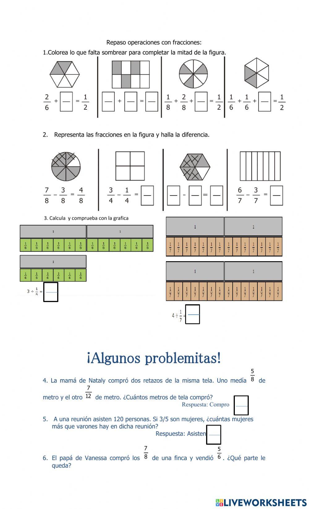 Resolución de problemas con fracciones worksheet | Live Worksheets